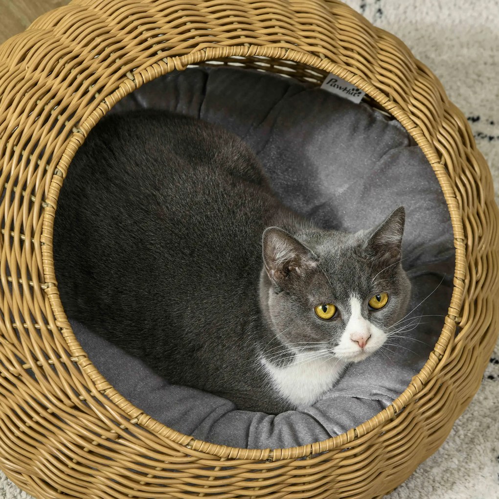 PawHut ratanový košík pro kočky s polštářem pro kočky do 4 kg, vnitřní jeskyně pro kočky z PE ratanu, Ø50 x 31 cm, světle hnědý pro útulné útočiště |…