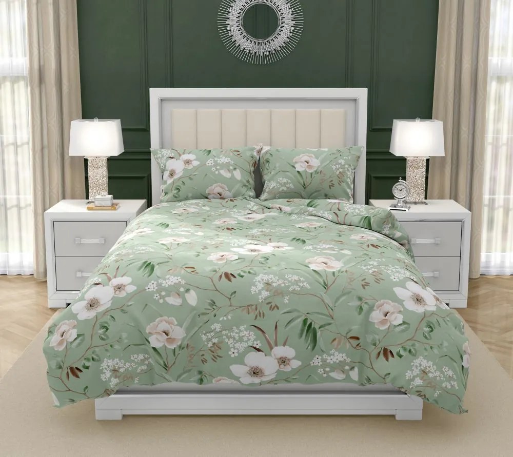 TOP Francouzské bavlněné povlečení DELUX 220x200+2x70x90 MAGNÓLIE zelená