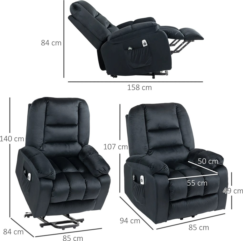 HOMCOM elektrické křeslo pro vstávání elektrické relaxační křeslo 8 bodů vibrační masáže 85 x 94 x 107 cm černá