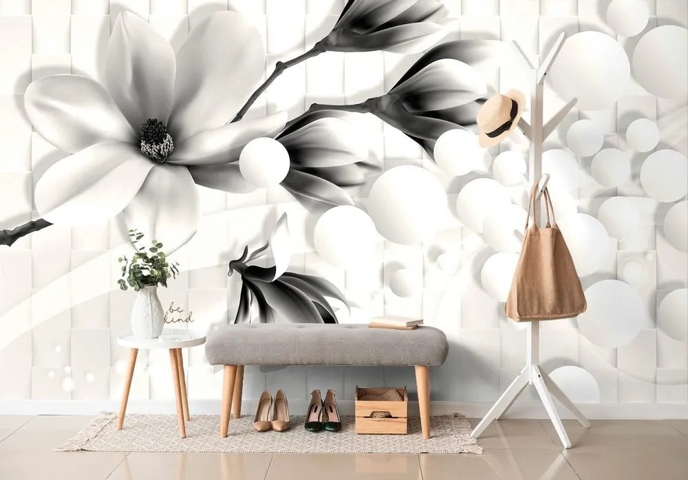Samolepící tapeta černobílá magnolie s abstraktními prvky - 225x150 cm