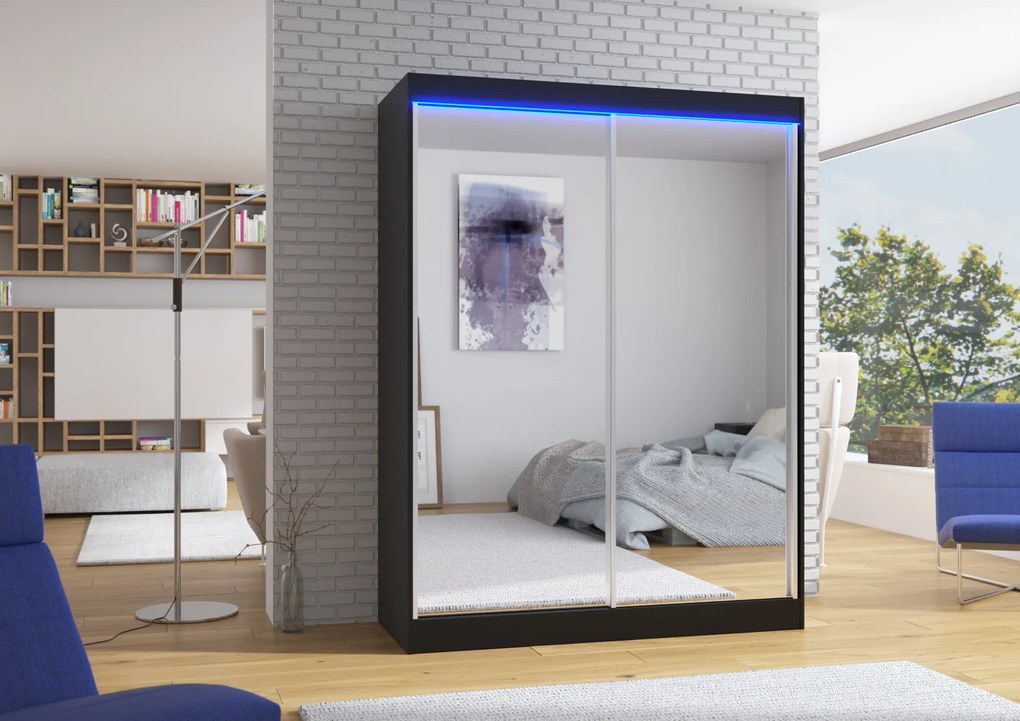 Posuvná skříň se zrcadlem a osvětlením LED FLOREST 150 černá 6 2 ano