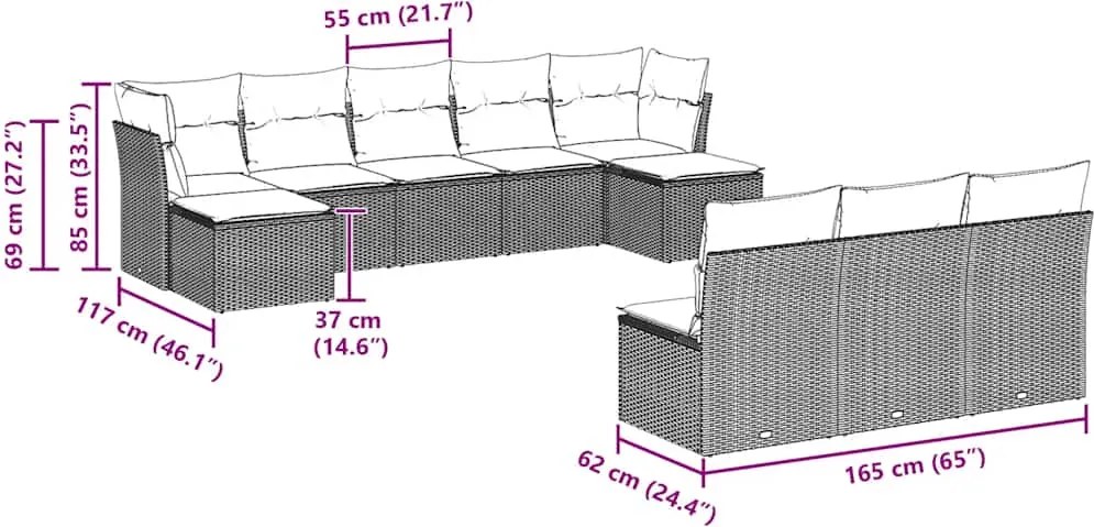 10dílná zahradní sedací souprava podušky světle šedá polyratan 3250131