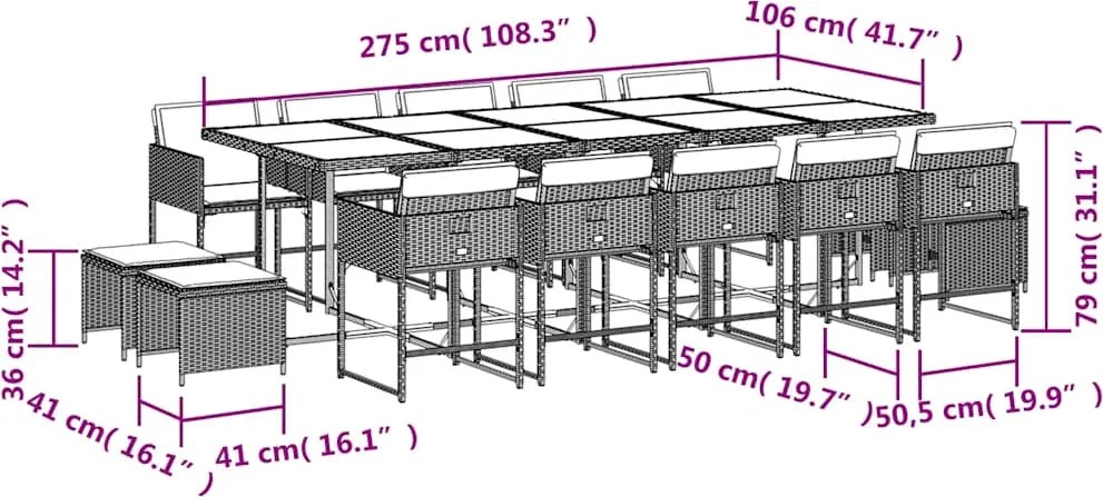 15dílný zahradní jídelní set s poduškami černý polyratan 3211351