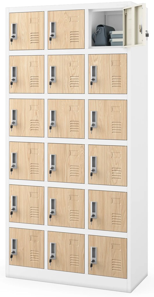 Skříňka pro zaměstnance s 18 uzamykatelnými boxy, bílá / dub sonoma, 900x1850x400 mm: KAROL Eco Design