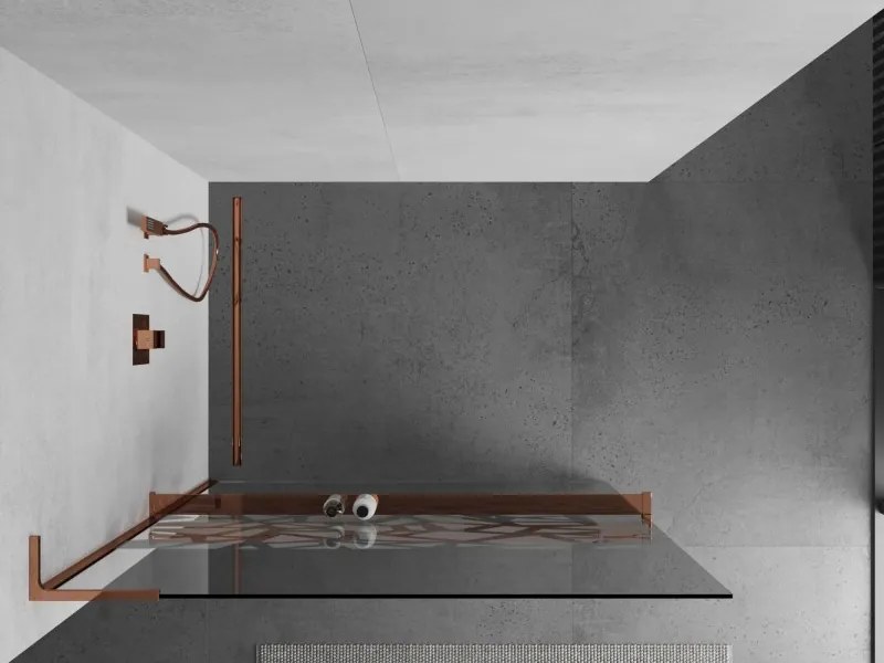 Mexen Kioto+ L, sprchová zástěna Walk-In s poličkou a věšákem 120 x 200 cm, 8mm čiré sklo bílý vzor, ​​růžové zlato profil, 800-120-123-60-85