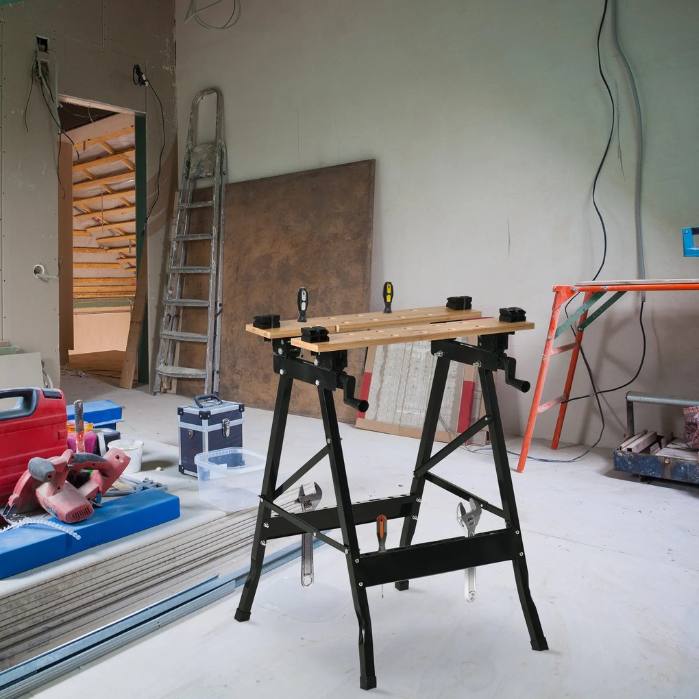 Skládací přenosný pracovní stůl HOMCOM s nastavitelnými bambusovými a ocelovými deskami 150 kg nosnost 63,5x60,5x78 cm Přírodní dřevo a černá | Aosom