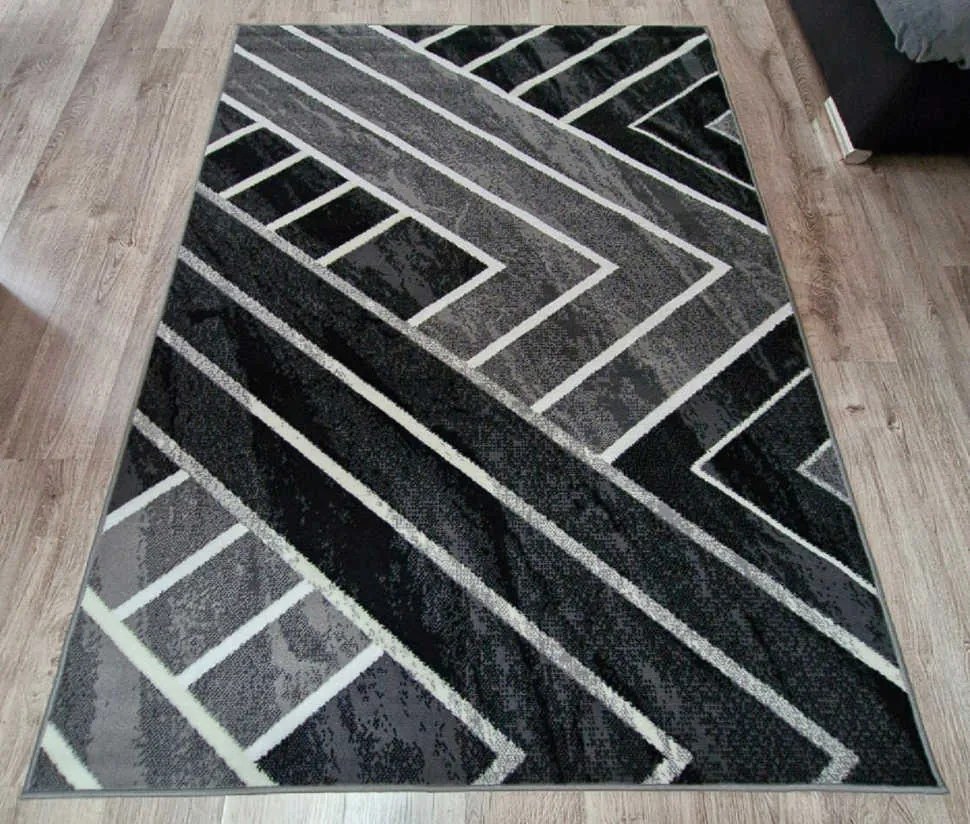 HU Šedý geometrický obdélníkový koberec NEW IDEA 90301-0433 s bílými čarami Rozměr: 50x80 cm