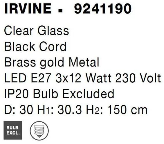 Nova Luce Závěsné svítidlo IRVINE čiré sklo černý kabel mosazný zlatý kov E27 3x12W