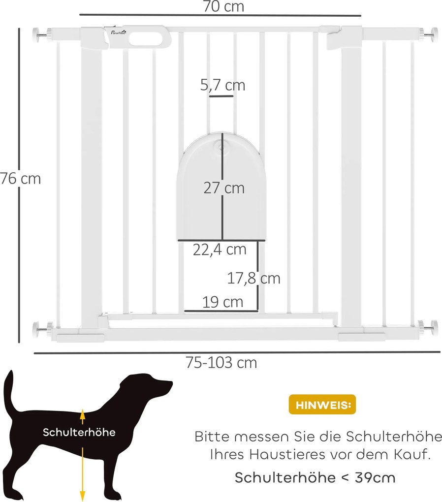 PawHut Psí Bezpečnostní Brána 75-103 cm na Schody a Dveře s 2 Přídavnými Dílci, Automatické Zámek a Dvojitý Zámkový Systém Bílá