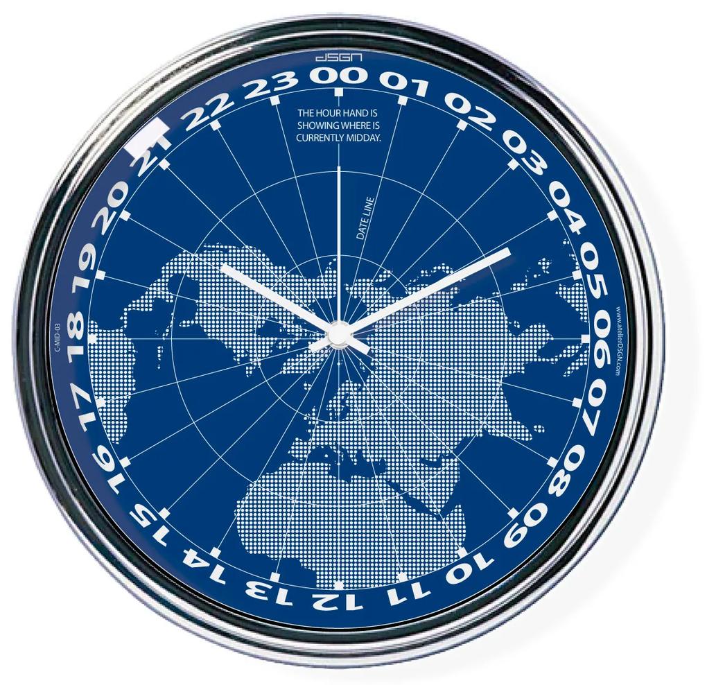 Modré hodiny s chodem 24h ukazující na mapě, kde je právě poledne (32 cm) | atelierDSGN