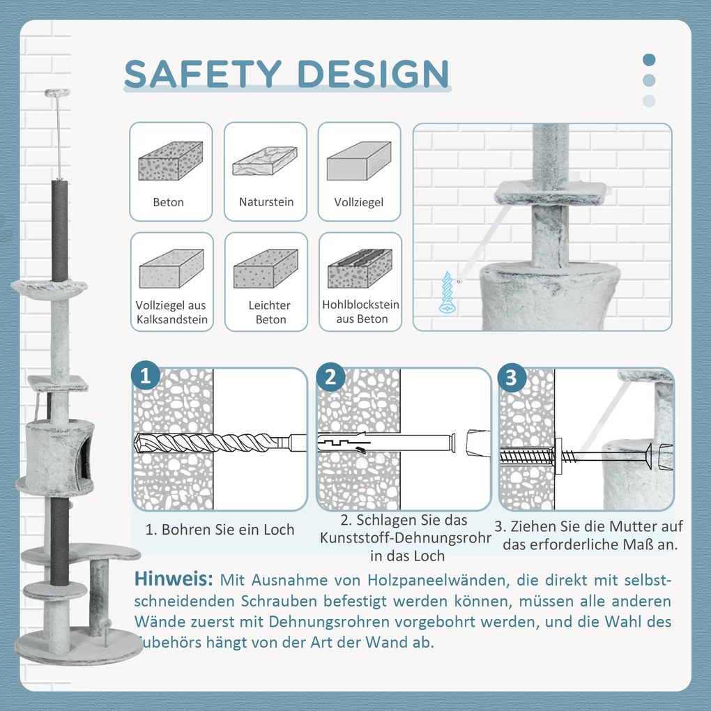 Stropní škrabadlo PawHut výškově nastavitelné 225-255 cm s ochranou proti překlopení Jeskyně pro kočky Škrabadla Hrací míč Grey | Aosom.de