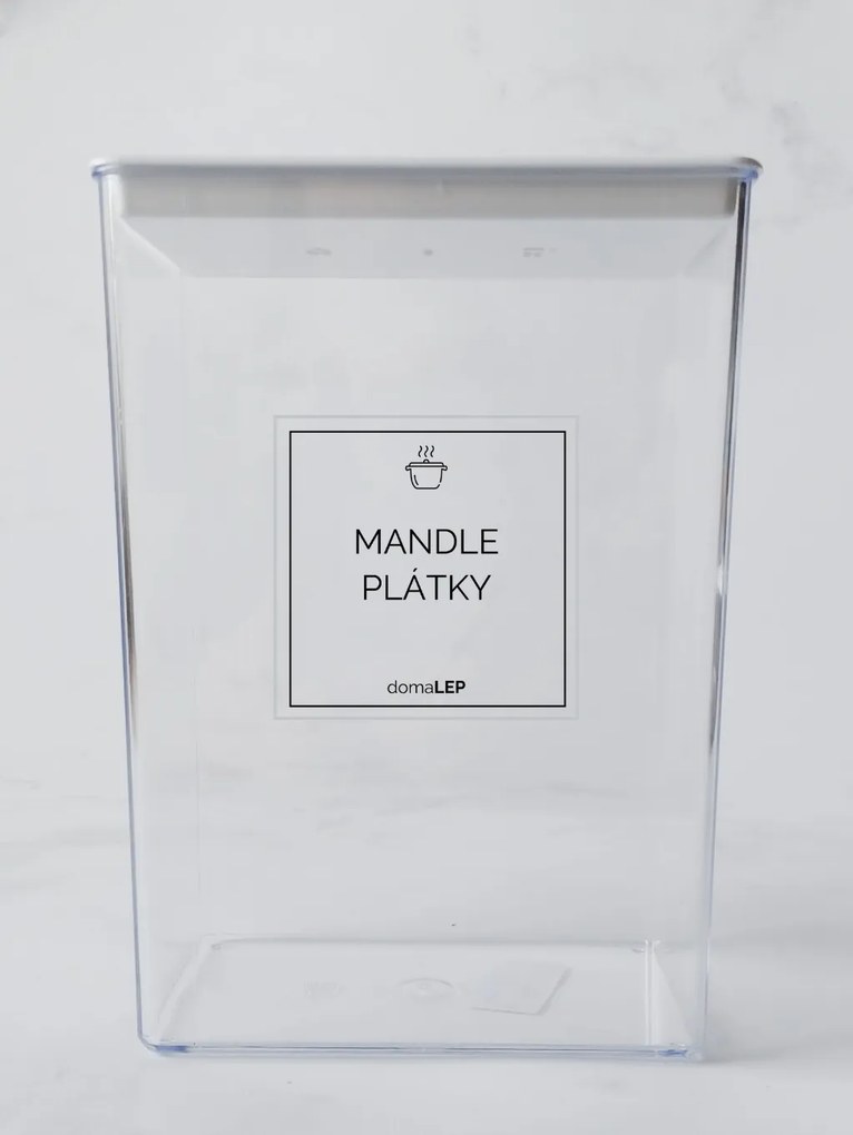 MANDLE PLÁTKY – průhledná samolepka na dózu, základní písmo, 5 x 5 cm | DomaLEP