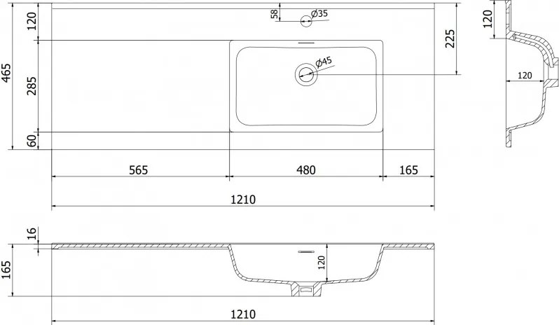 Mexen Otis, umyvadlo na zapuštění 121 x 46,5 cm, pravé, černá matná, 25181271P