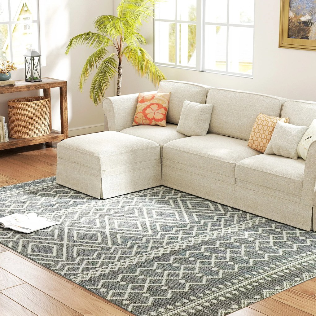 HOMCOM Pratelný Kusový Koberec Protiskluzový v Boho Designu pro Terasu, Balkon, Obývací Pokoj a Kuchyni, 170 x 120 cm, Šedý | Aosom