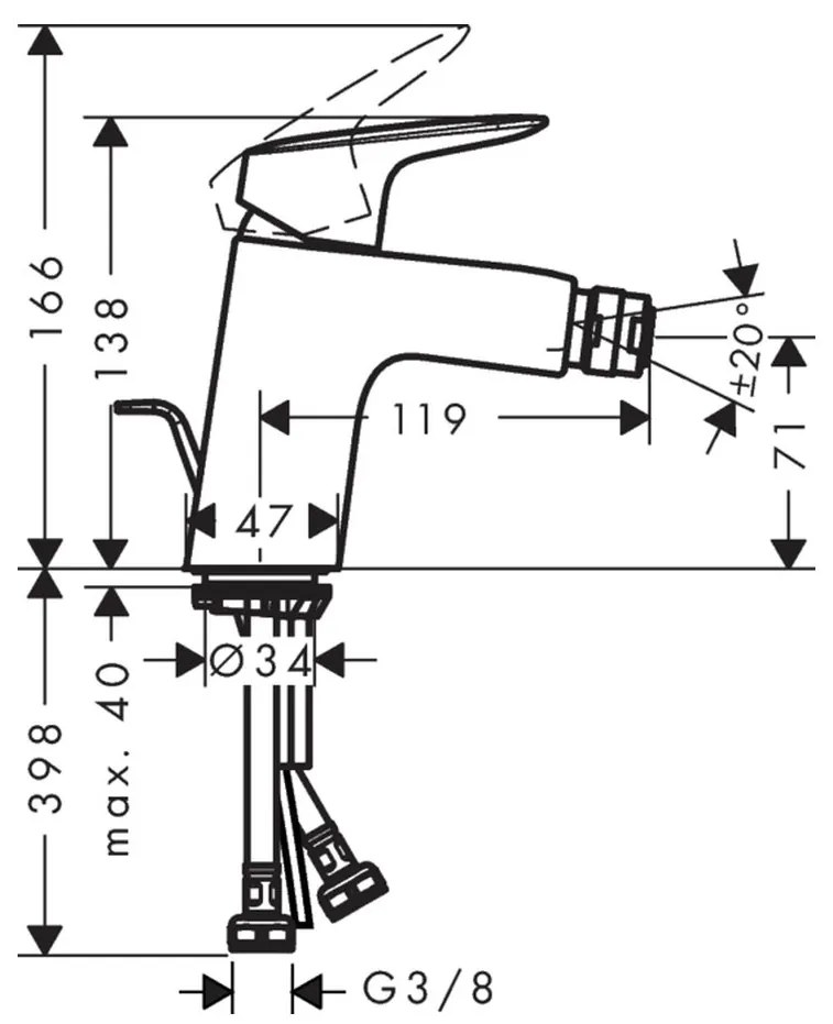 Hansgrohe Logis, páková bidetová baterie 70 s kovovou odtokovou soupravou s táhlem, chromová, HAN-71203000