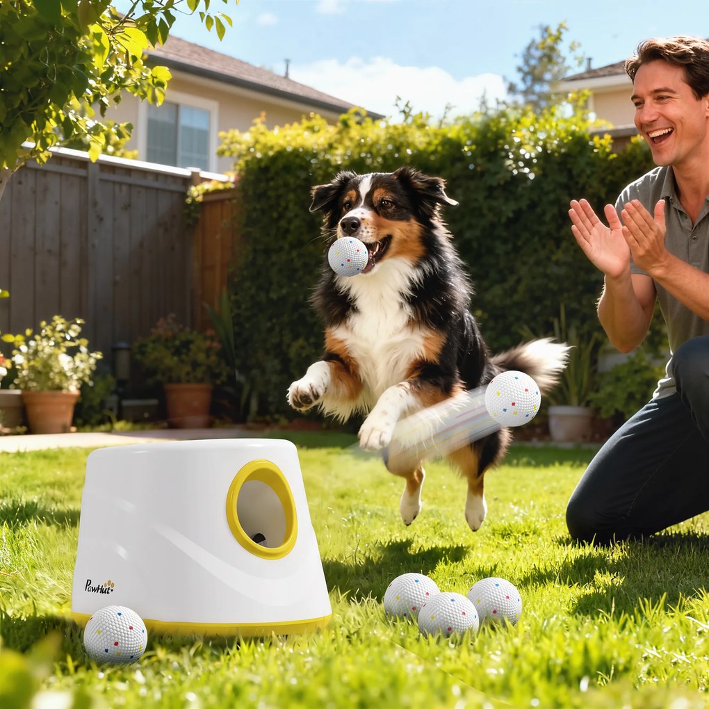 PawHut automatický vrhač míčků pro psy 6–14 m, žlutý