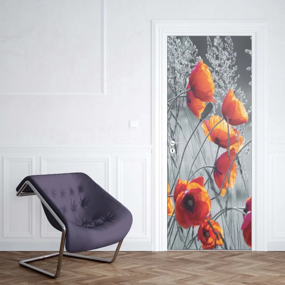 GLIX Fototapeta na dveře - Orange Poppies Black And White | 91x211 cm