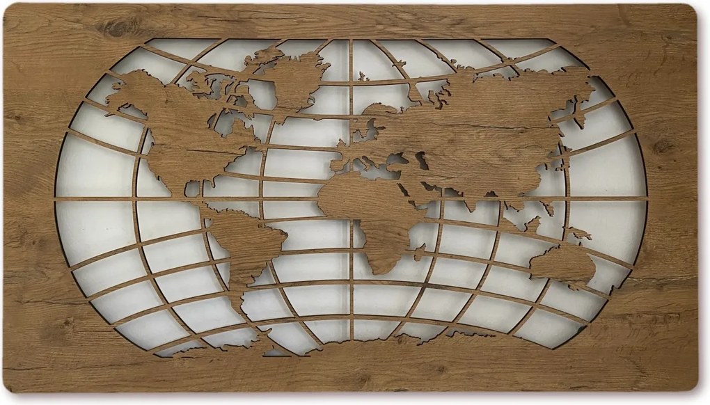 Li-Go "Mapa světa rovnoběžky" světelný obraz s baterií 110x60 cm varianta ovládání: manuál/pohybové čidlo, provedení povrchu: jedle