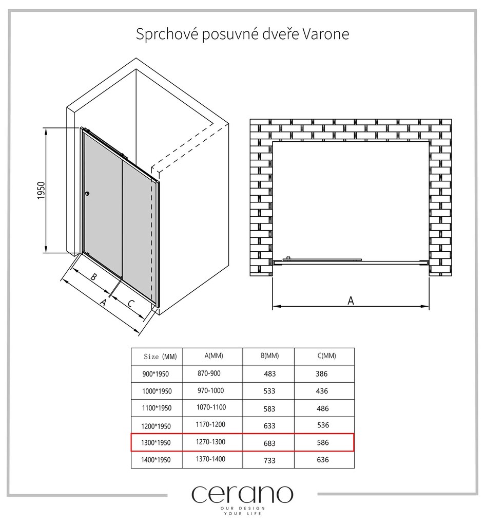 Cerano Varone, posuvné sprchové posuvné dveře 130x195 cm, 6mm čiré sklo, chromový profil, CER-CER-DY505-130-195