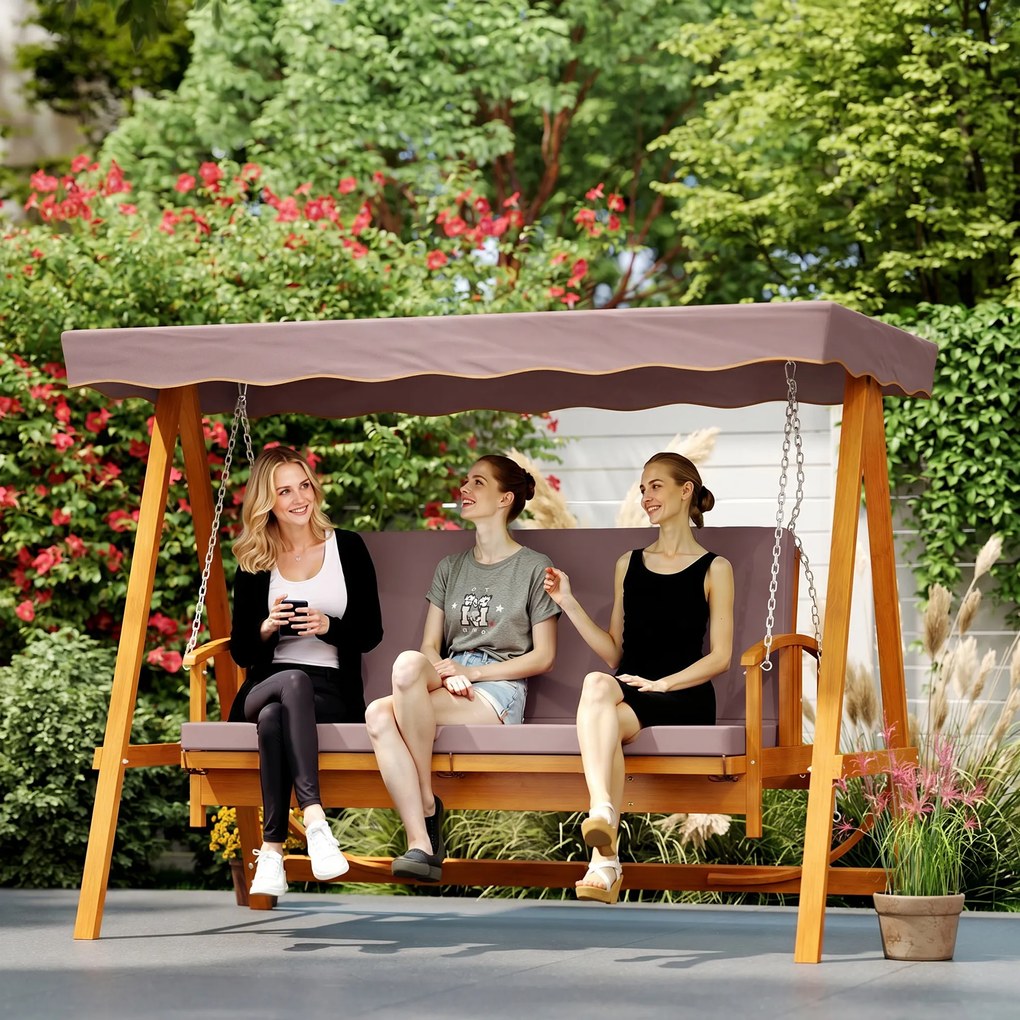 Hollywoodschaukel mit Sonnendach, Echtholz-Gartenschaukel, Schaukelbank mit Liege-Funktion, für 3 Personen, Braun