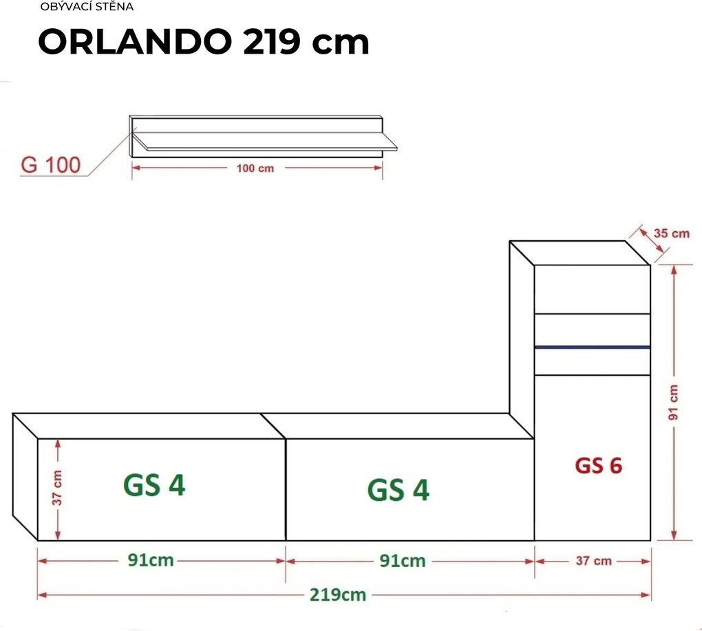 Ral Obývací stěna ORLANDO 2, 219 cm - Bílý lesk