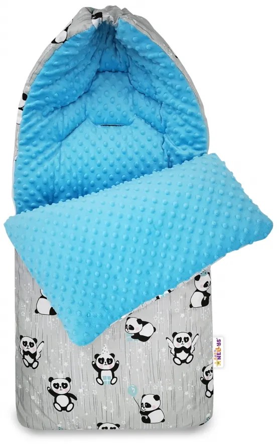 Bavlněný fusak Baby Nellys, minky, Happy Panda, 45 x 95 cm - šedá/minky modrá
