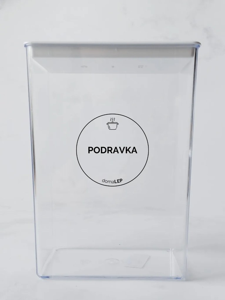 PODRAVKA – průhledná samolepka na dózu, tučné písmo, 5 cm | DomaLEP