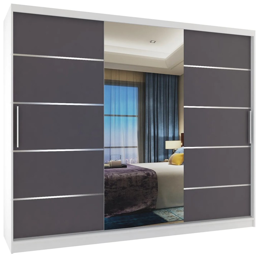 Šatní skříň 232 cm Belini bílý mat / šedý mat s posuvnými dveřmi zrcadlem a zásuvkami  MBP SZP8/0/1W/2SR1L/0/KLAL