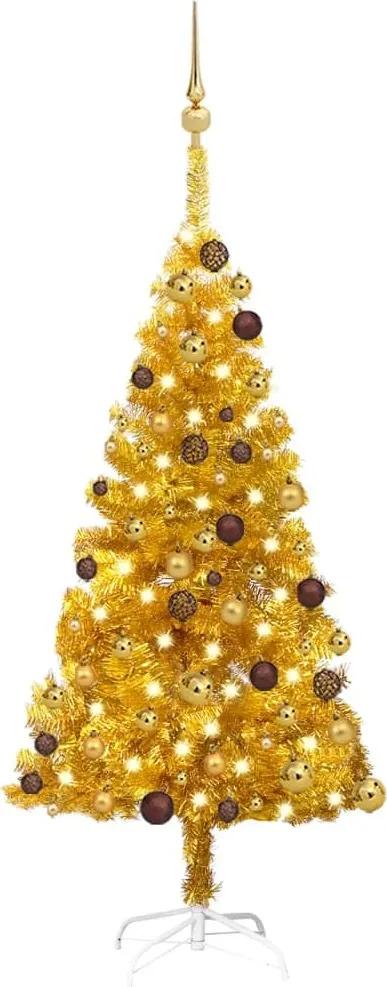 vidaXL Umělý vánoční stromek s LED a sadou koulí 120 cm PVC [3077497] Barva: Růžová a zlatá