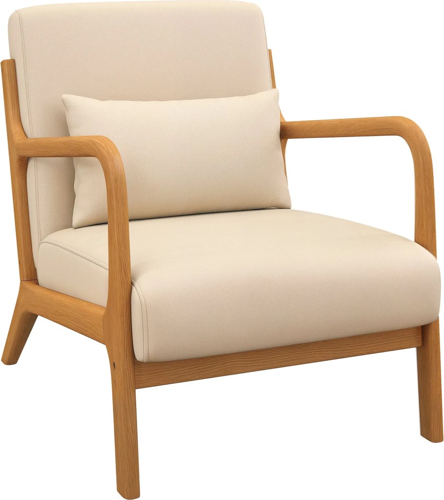 HOMCOM Lounge Křeslo Nordic Styl s Područky a Polštem, Rám z Gumového Dřeva pro Obývací Pokoj, Nosnost 120 kg, 61x78x76 cm, Béžové | Aosom