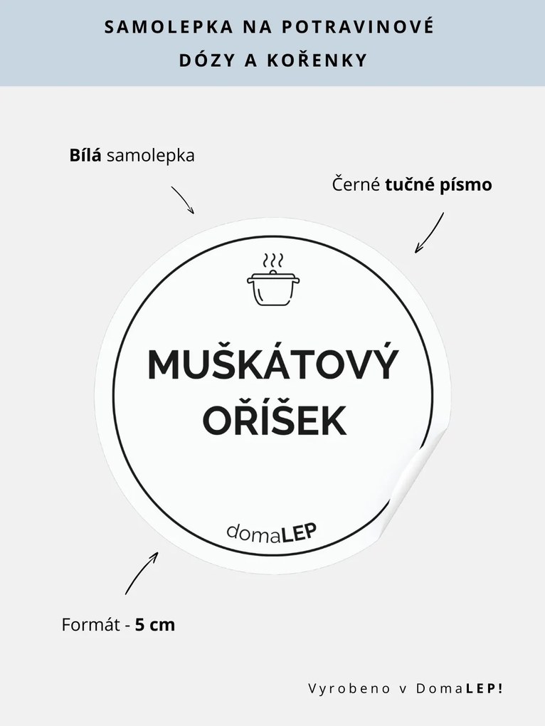 Samolepka na kořenky MUŠKÁTOVÝ OŘÍŠEK bílá 5 cm tučné písmo