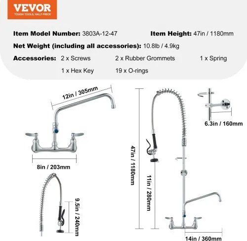 Komerční baterie s oplachovacím rozprašovačem, 119,4 cm výška, 20,3 cm střed, 30,5 cm