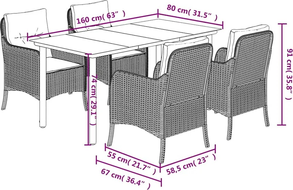 5dílný zahradní jídelní set s poduškami béžový polyratan 3211972