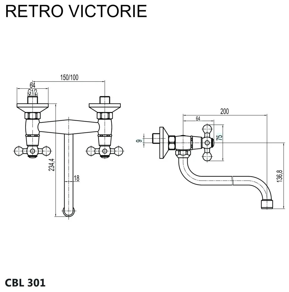 Mereo Retro Viktorie dřezová nástěnná baterie 100 mm s ramínkem trubkovým 18 mm 200 mm mosaz chrom CBL301A