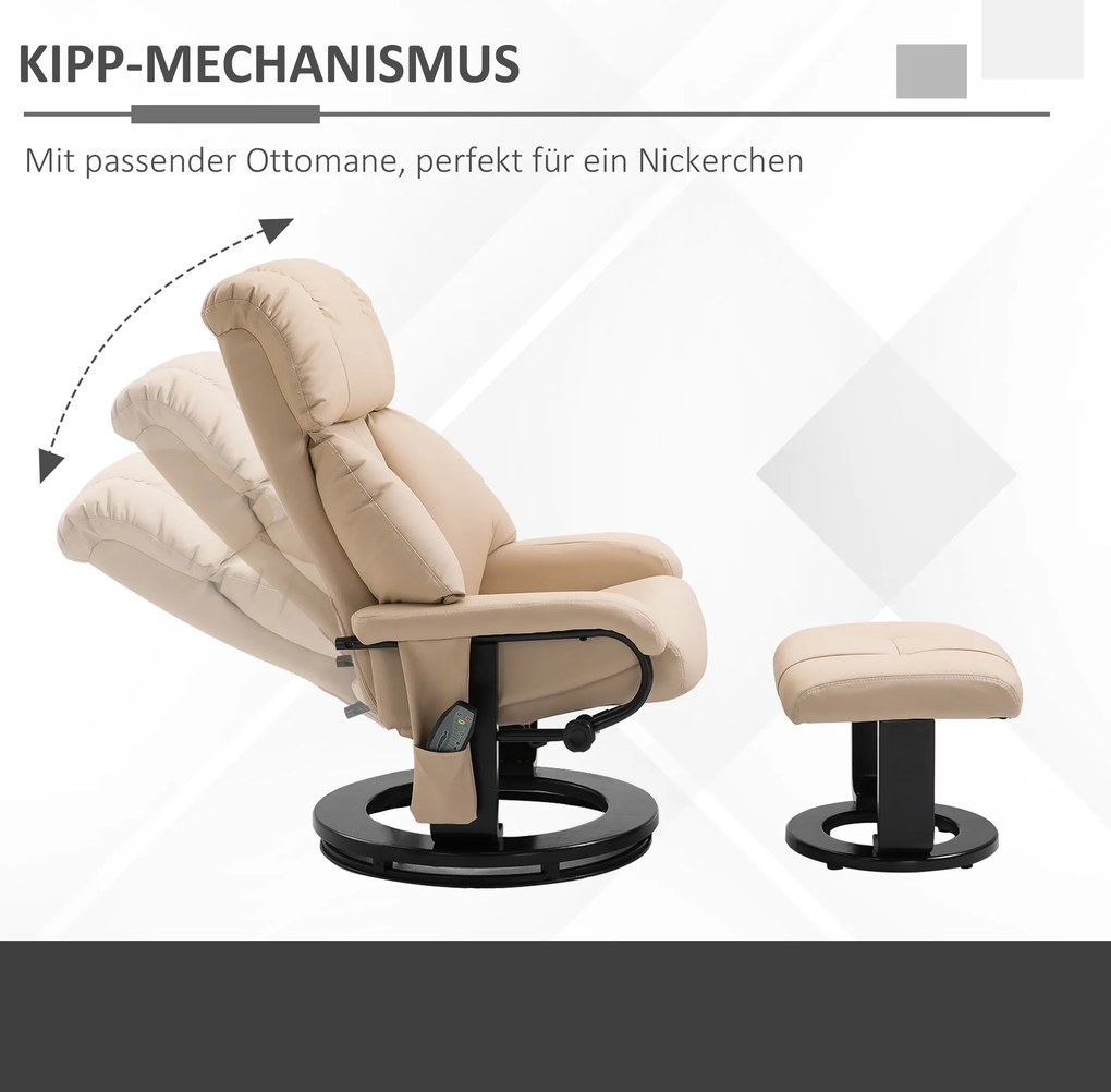 HOMCOM Polohovací křeslo s funkcí polohování, masážní křeslo, TV křeslo, polohovací křeslo, ergonomické křeslo s taburetem, béžová barva, 76 x 80 x 1…