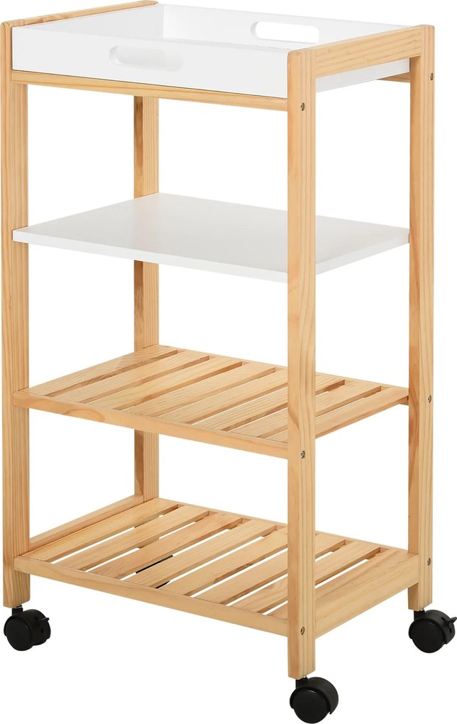 HOMCOM Kuchyňský vozík Služební vozík 4 úrovně s vyjímatelným tácem Univerzální kolečka 40x30x76 cm Bílý dřevěný | Aosom