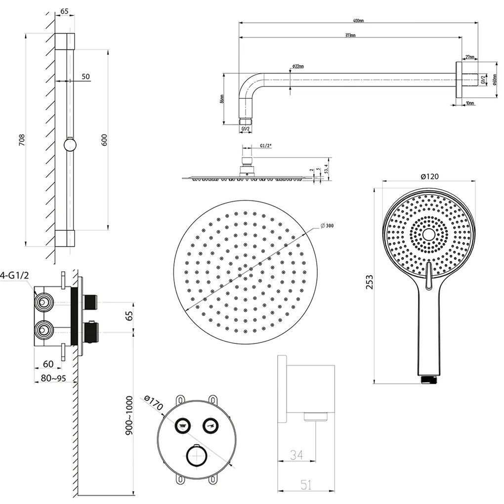Sapho Sapho, SMART SELECT sprchový set s termostatickou baterií, 2 výstupy, posuvný držák sprchy, chrom, RP032-02
