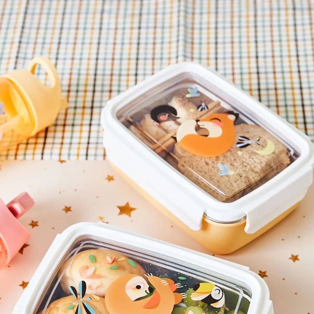 PETIT MONKEY Svačinový box Bento Fox, oranžová barva, kov, plast