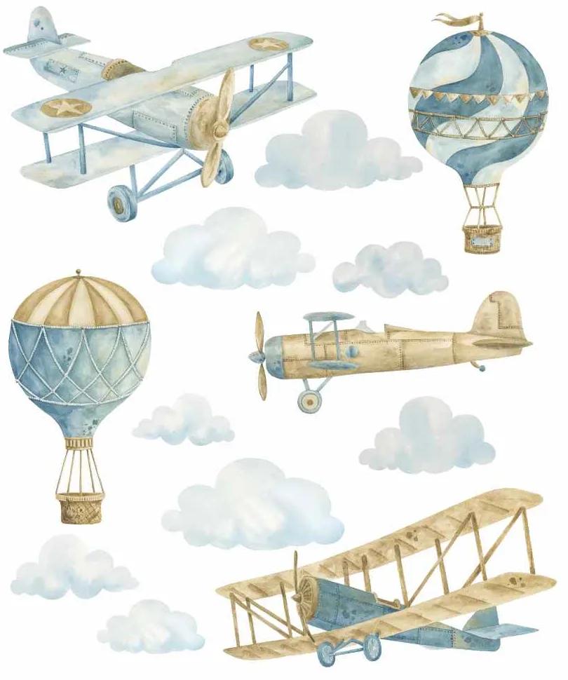 Gario Dětská nálepka na zeď Retro balloons and airplanes - letadla, balóny a mraky