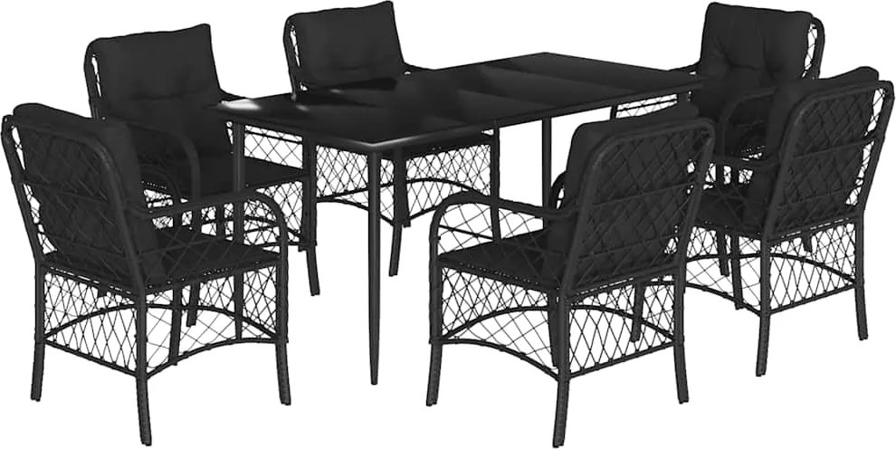 7dílný zahradní jídelní set s poduškami černý polyratan 3212100