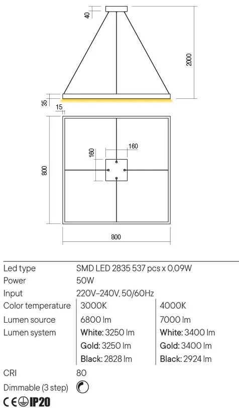 Redo Závěsné LED svítidlo Febe - hranaté, ø80cm Barva: Černá, Chromatičnost: 3000K