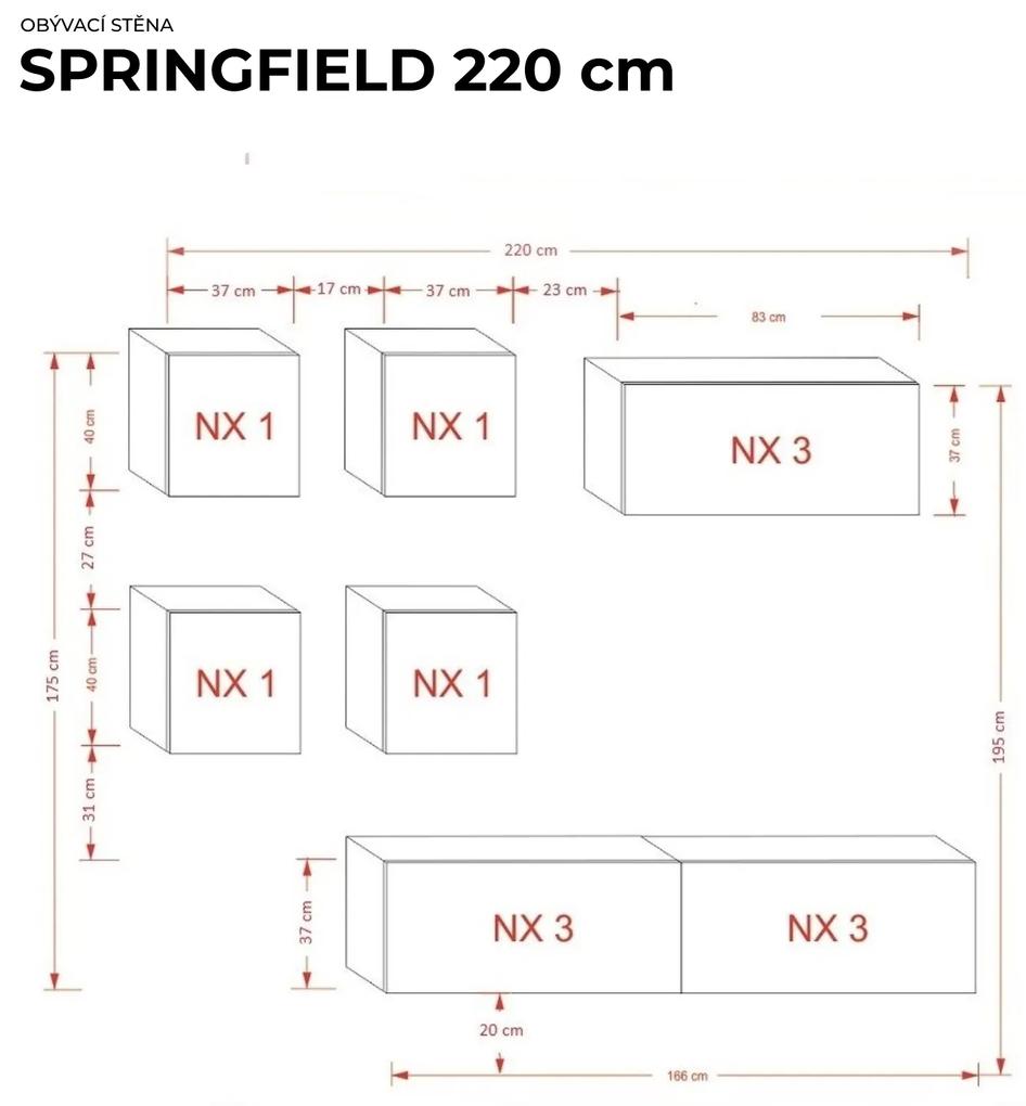 Ral Obývací stěna SPRINGFIELD 5, 220 cm - Bílo/černý lesk