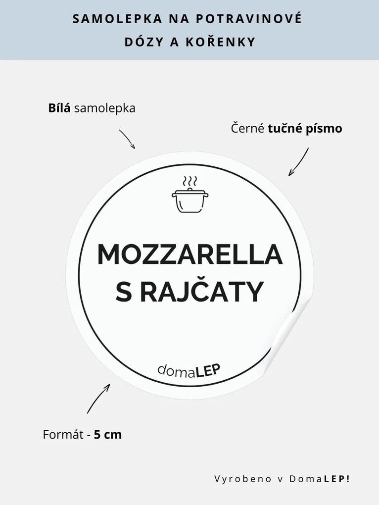 Samolepka na kořenky MOZZARELLA S RAJČATY bílá 5 cm tučné písmo