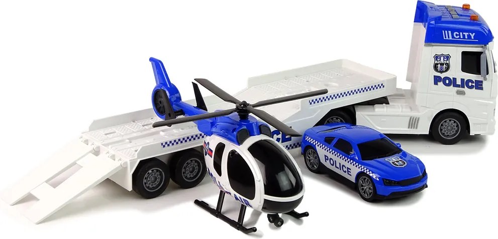 LEAN Toys Sada: Policie, odtahovka, nákladní auto, autíčko, vrtulník, zvuky, světla