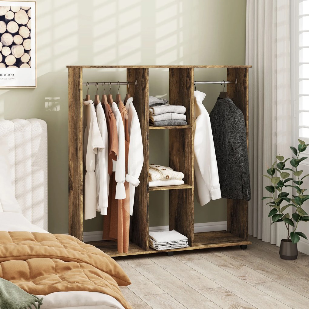 HOMCOM Šatní skříň, nábytek s mobilní úložnou funkcí a 6 kolečky 120 x 40 x 128 cm, hnědé dřevo