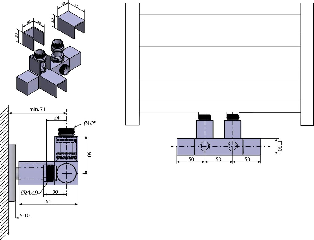 Sapho Cube Twin připojovací sada ventilů středové připojení 50 mm chrom CP581S