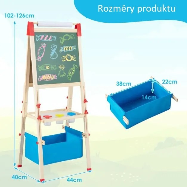 Dětská oboustranná tabule s rolí papíru a odkládacím košem, přírodní TM10062