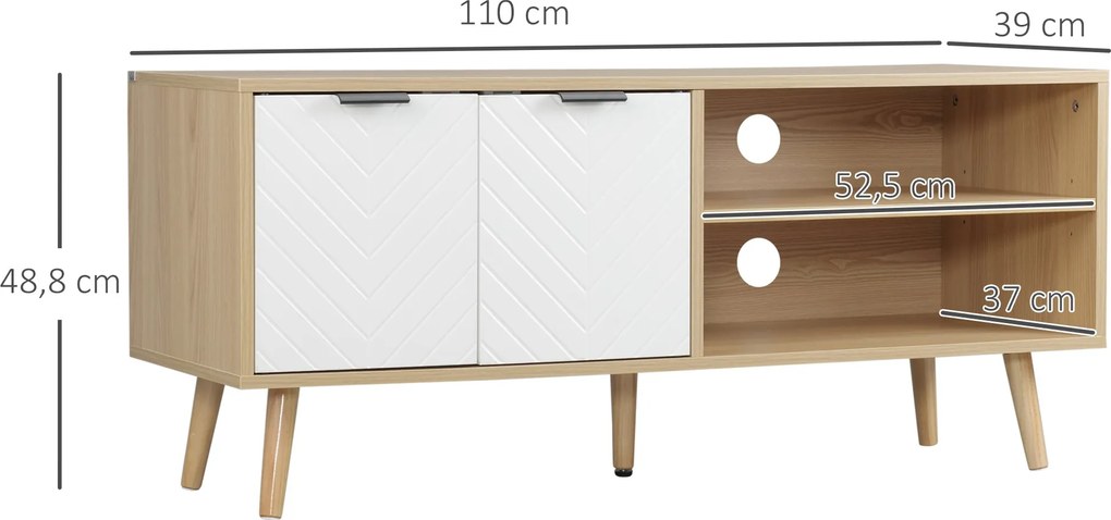HOMCOM Moderní televizní stolek s 2 dvířky a 2 policemi pro televize do 116 cm pro ložnici 110x39x48,8 cm Přírodní a bílý
