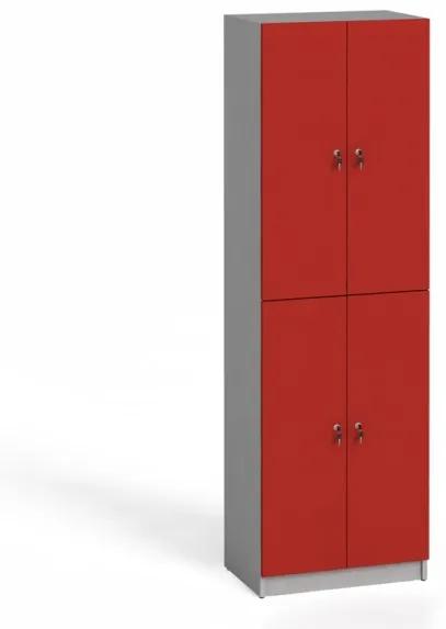 Dřevěná šatní skříňka, 4 dveře, cylindrický zámek, šedá, červená