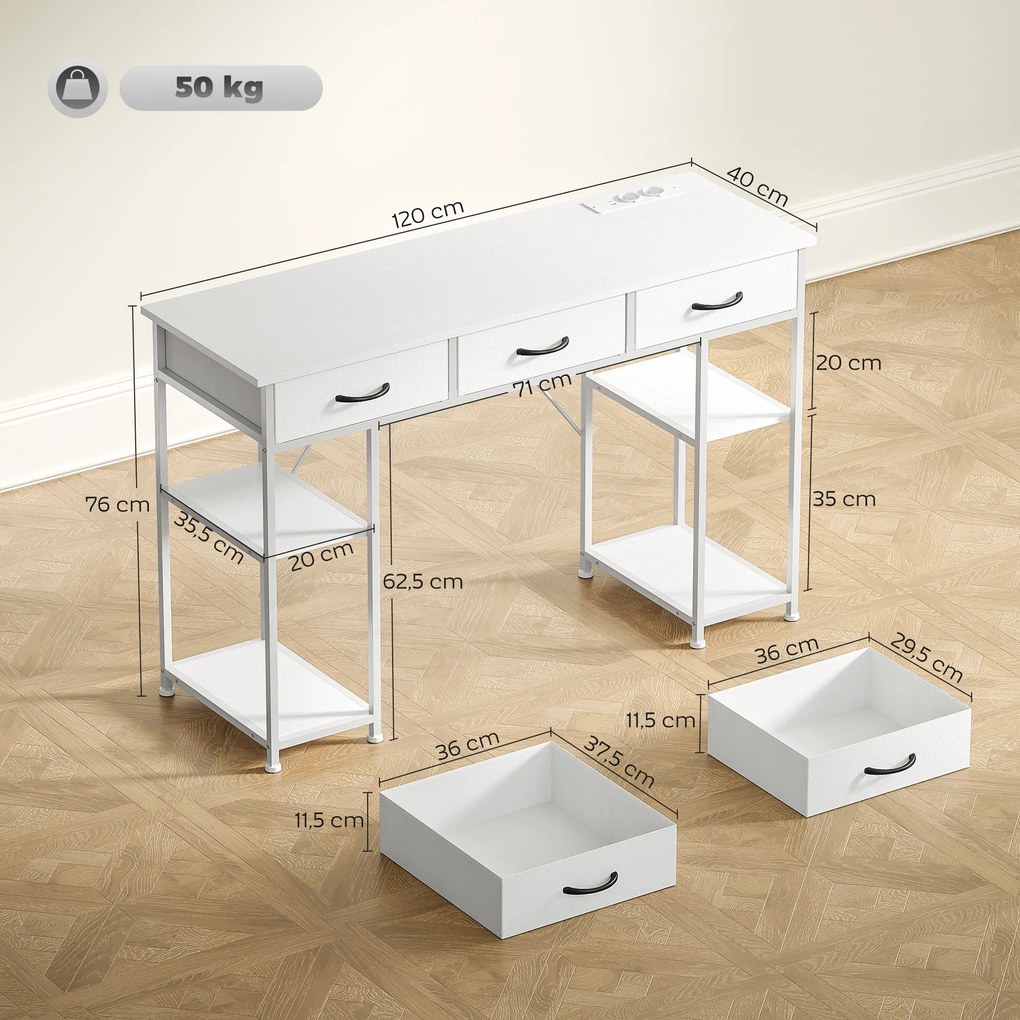 HOMCOM Psací stůl / kuchyňský stůl s 2 USB nabíjecími porty, 2 zásuvky, nastavitelné police, 3 látkové zásuvky, 120 x 40 x 76 cm, bílý